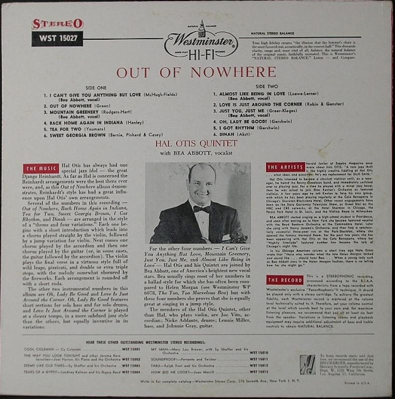 Hal Otis Quintet With Bea Abbott /Out Of Nowhere レコード通販・買取はサウンドファインダー